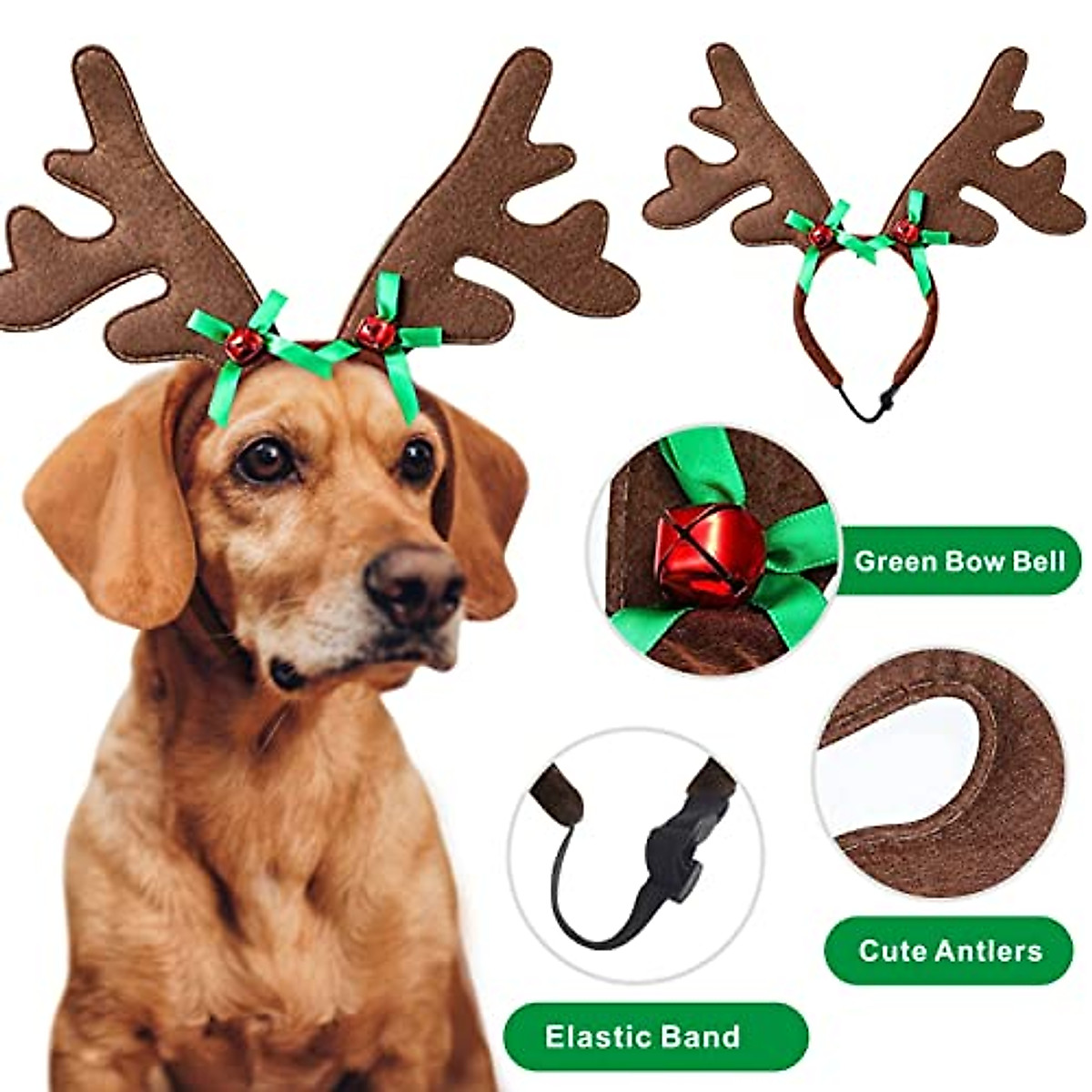 Idepet 3 PCS Christmas Dog Bandanna Bow Tie Collar with Reindeer Headband Costume Xmas Pet Plaid Triangle Bibs Scarf Kitten Adjustable Bow Tie for Cats and Dogs Puppy Christmas Decoration (Green)