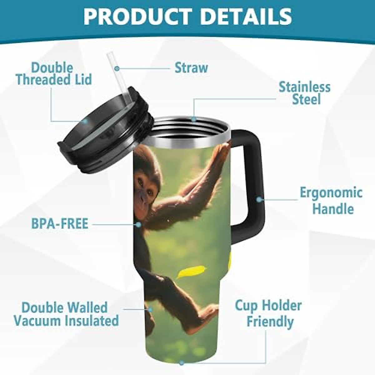 Bokkoy Joyful Monkey 40 oz/30 oz Tumbler with Handle and Straw Stainless Steel Tumbler with Lid Reusable Vacuum Insulated Cup