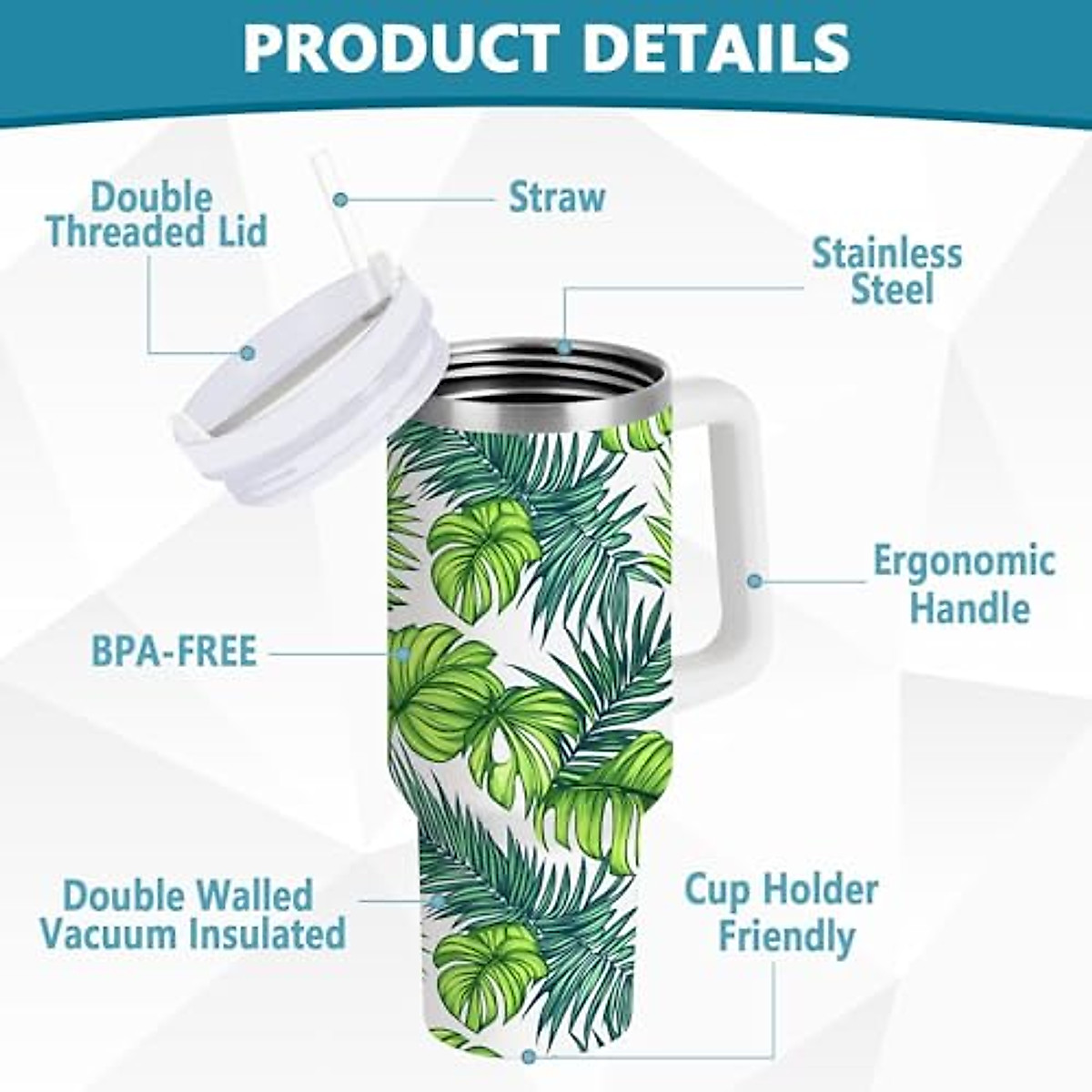 Slewiaeky Tumbler with Handle 40 oz Plant Palm Leaf Cool Travel Mug with Lid and Straw Green Stainless Steel Vacuum Insulated Water Bottle Cup for Iced Tea Coffee Cold Beverages Cup Holder Friendly