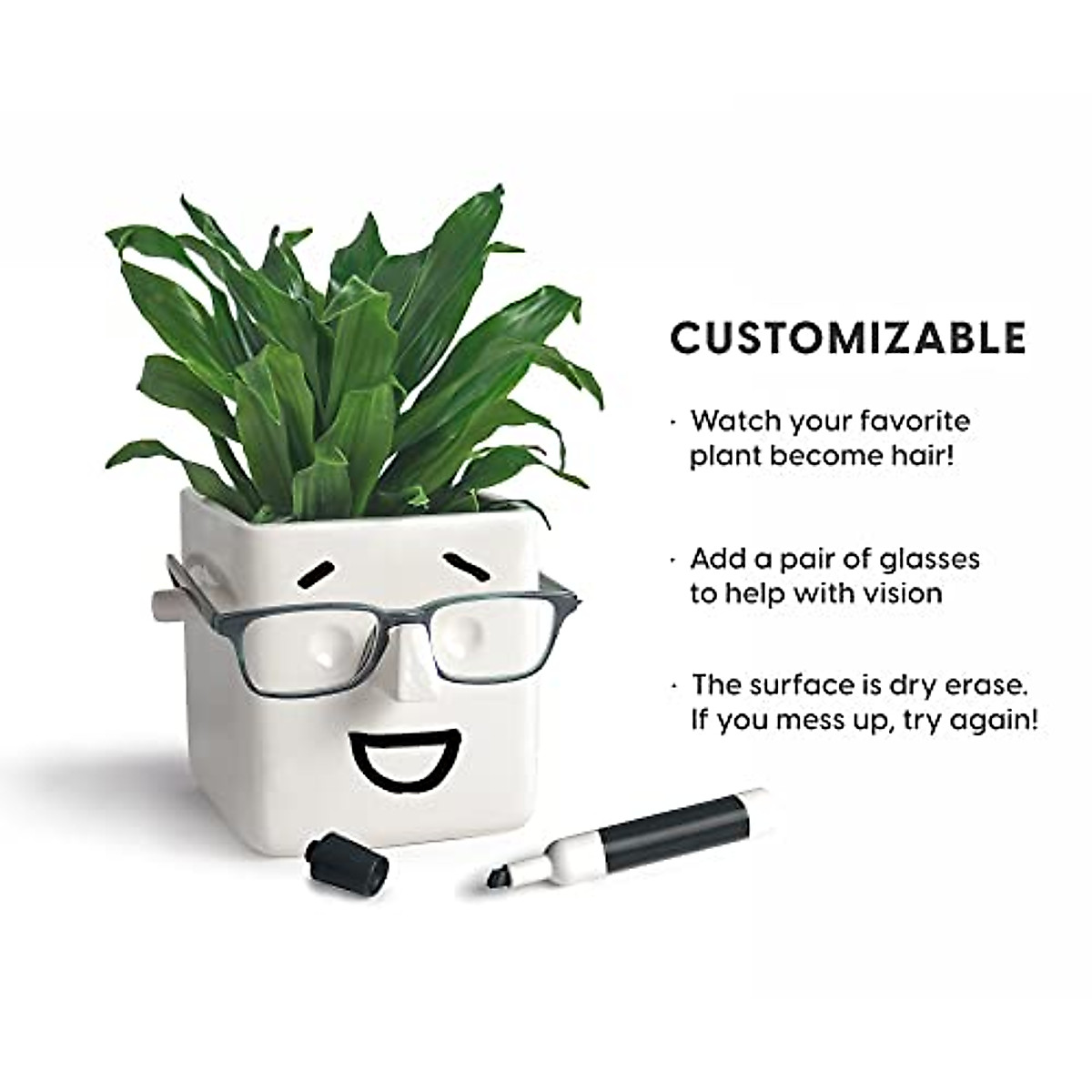 30 Watt Face Plant, Novelty Planter Holds Small Plants, Glasses & You Can Draw on It. Elegant Ceramic Pot for Succulents, Cacti or Your Average Fern, Perfect Gifting