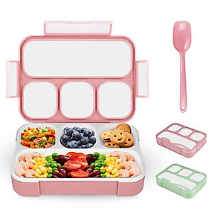 NatraProw Bento Box for Kids, 4 Compartment Kids Lunch Box Leak Proof, Cute Bento Snack Box for Adults and Kids With Utensils, Lunch Containers BPA-Free, Microwave Bento Box (Pink)