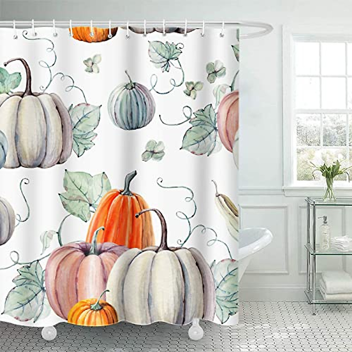 WILLBOND 4 Pcs Fall Shower Curtain Sets with Rugs Thanksgiving Watercolor Pumpkin Set Non Slip Toilet Lid Cover and Bath Mat 72 x Inches Hooks for Bathroom
