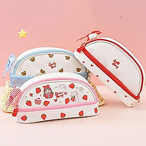 JELLYEA Kawaii Pencil Bag Cute Strawberry Pattern Pencil Case Cartoon Pink Pencil Bag with Bow Kawaii School Stationery Supplies (White Strawberry)