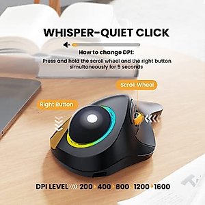 ProtoArc Wireless Bluetooth Trackball Mouse, EM03 Ergonomic RGB Rollerball Mouse Rechargeable Computer Laptop Mouse, 3 Device Connection&Index Finger Control for iPad, Mac, Windows-Black