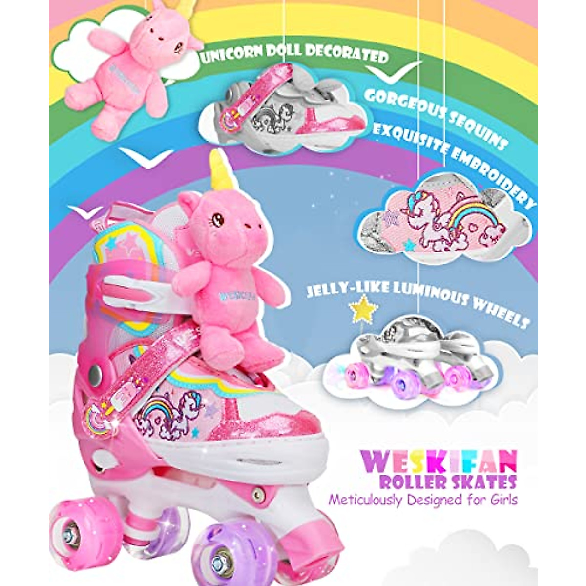 Unicorn Doll Kids Toddler Roller Skates for Girls,WESKIFAN Quad Skating Shoes with Shiny Light up Wheels&Adjustable Sizes Beginners rollerskates for Birthday Xmas Gifts,Patines para Niñas Niños