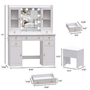 yesasin Makeup Vanity Desk with Mirror and Lights, White Vanity with Charging Station & Vanity Chair, LED Light Vanity Table Set with Storage 7 Drawers and 4 Cabinet for Bedroom, Dressing Bedroom