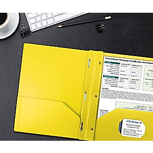 Better Office Products Yellow Plastic 2 Pocket Folders with Prongs, Heavyweight, Letter Size Poly Folders, 24 Pack, with 3 Metal Prongs Fastener Clips, Yellow