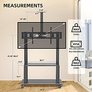XINLEI Rolling TV Stand with Wheels Heavy Duty Mobile TV Cart for Most 40-100 Inch Flat/Curved Screens, Portable TV Floor Stand with Shelf Large Base, Max VESA 900x600, up to 330 lbs