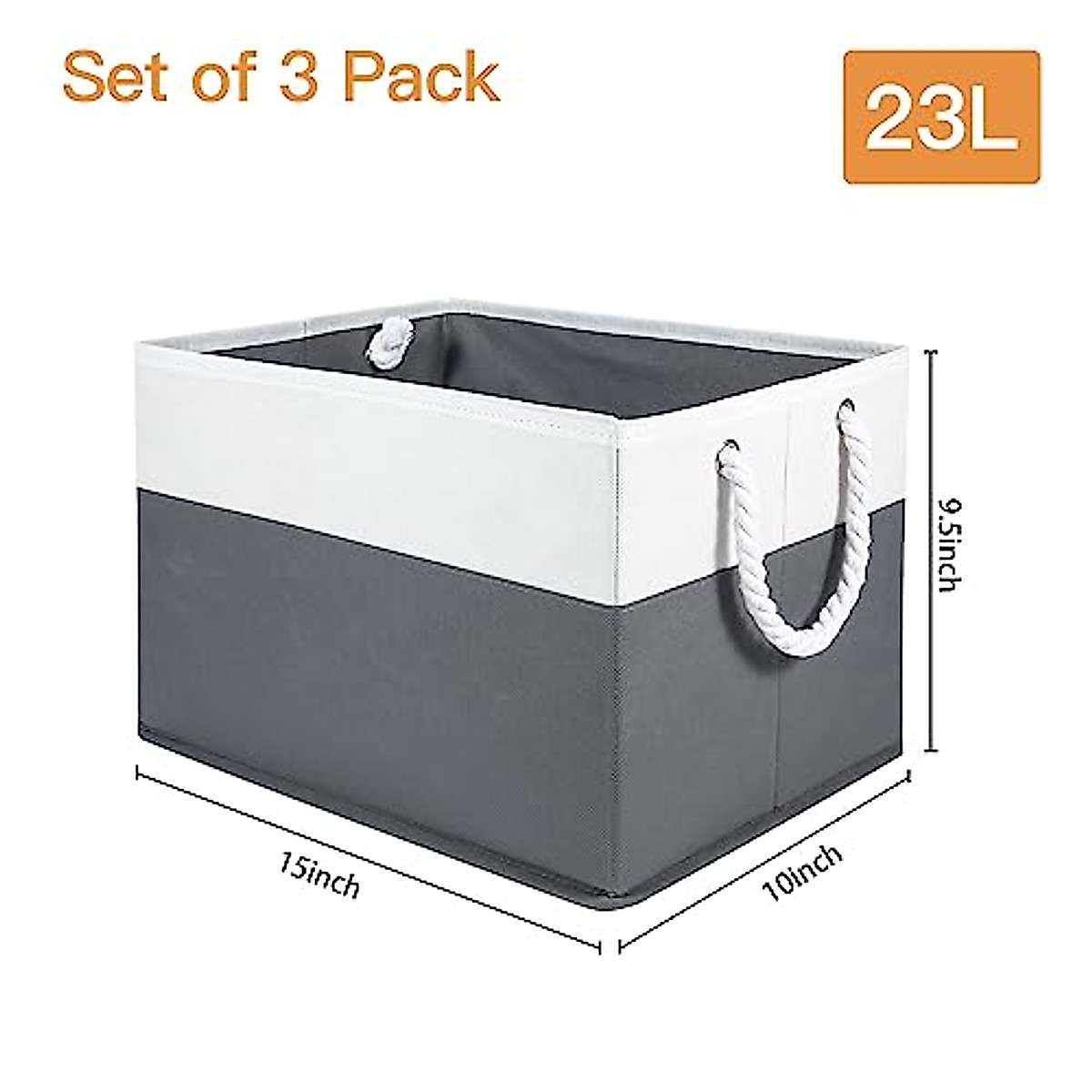 Vimudiy Storage Bin, Foldable Storage Basket [3-Pack] with Dual Rope Handles, Large Capacity Storage Boxes with Sturdy Non-Woven Fabric for Organizing Toys, Shelves & Closet, White & Grey