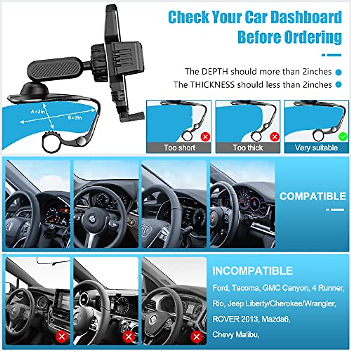 KSYER Phone Mount for Car Dashboard & Air Vent, 1200 Degree Rotation Cell Phone Holder Car [Multi-Angles], Car Phone Holder Mount for iPhone Samsung All Smartphone (Black)