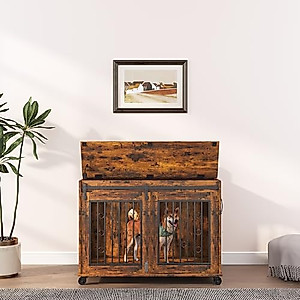 Rophefx Dog Crate Furniture with Sliding Door, Dog Kennel Indoor with Partition for Two Puppies, Dog Cage with Flip-up Top and Wheels, Chew-Resistant Wooden Double Dog Crate, Brown