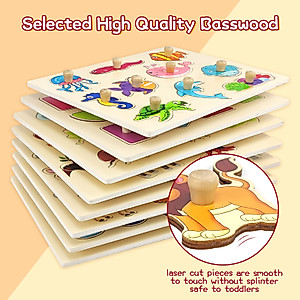 Wooden Peg Puzzles for Toddlers, 4 Pack Toddler Puzzles Set with Wooden Knobs, Preschool Learning Educational Animals Shapes Insects Pegged Puzzle Toys for 2 3 Year Old (Style 1)