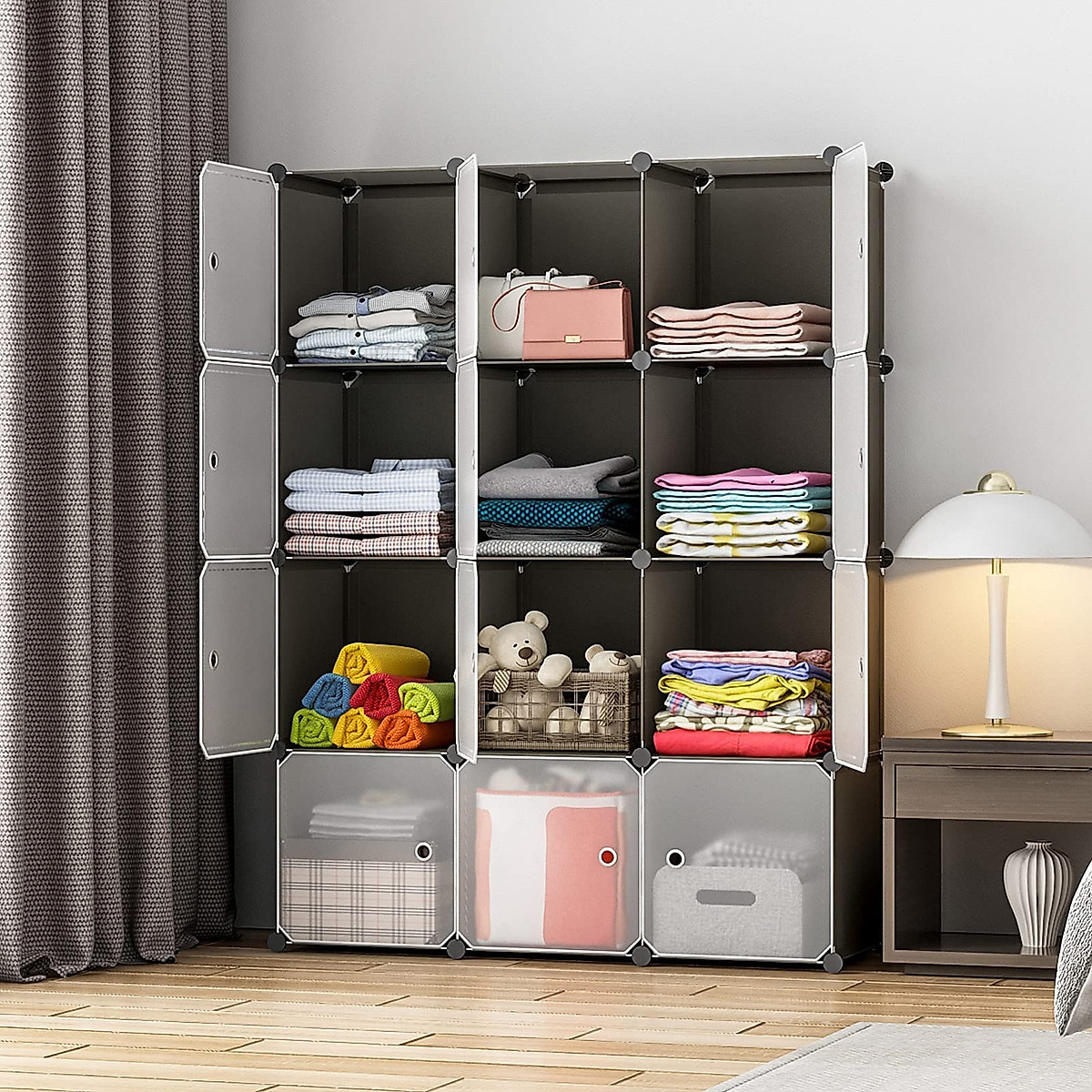 Aeitc Cube Storage Organizer 12-Cube (13.8"x13.8") Clothes Organizer Closet Storage Shelves Plastic Storage Shelving for Bedroom, Living Room, Office, Brown with Transparent Doors