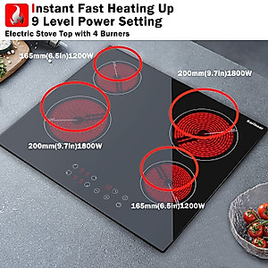 Karinear Drop-in 4 Burner Electric Cooktop 24 Inch Electric Radiant Cooktop, Electric Stove Top with Residual Heat Indicator, Child Safety Lock, Timer, 220-240V, 6000W, Hard Wire(No Plug)