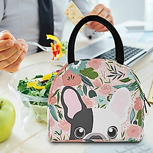 YiGee French Bulldog Floral Dog Lunch Bag Tote Bag, Insulated Organizer Zippered Lunch Box Lunchbox Lunch Container Handbag for Women Men Home Office Picnic Beach Use
