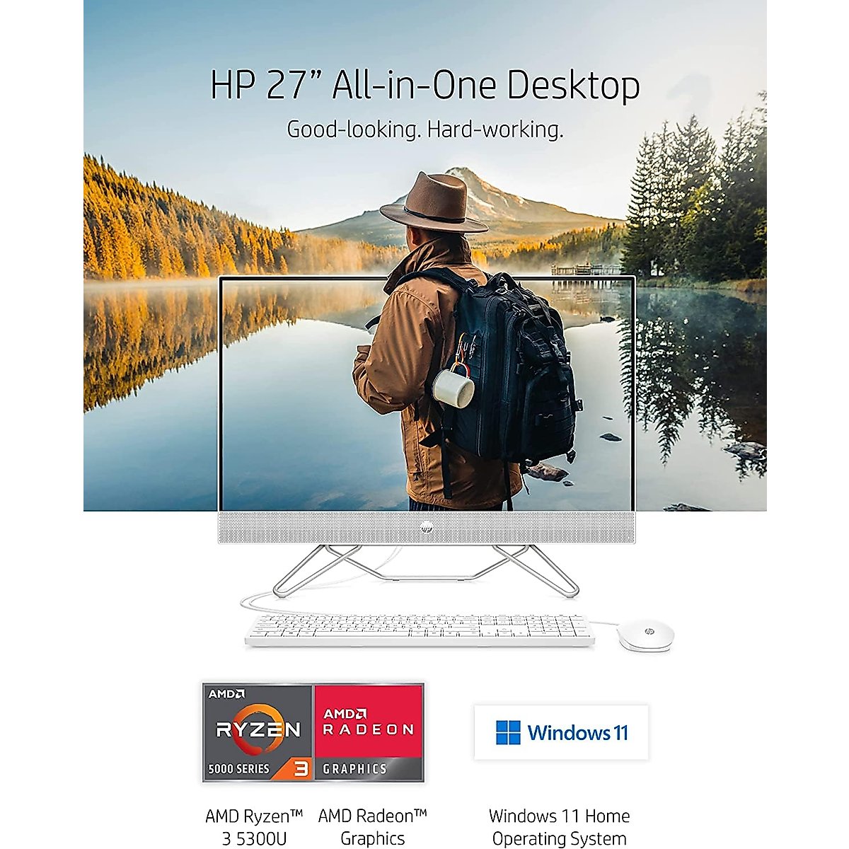 HP 2023 27-inch FHD IPS All-in-One Desktop PC AMD 4-Core Ryzen 3 5300U Radeon Graphics 16GB DDR4 512GB SSD 1TB HDD WiFi AC HDMI Webcam USB-C RJ-45 Wired KB Mouse Windows 11 Pro w/RE USB