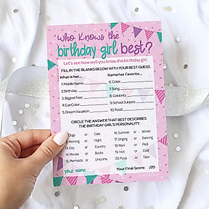 DISTINCTIVS Who Knows The Birthday Girl Best Party Game - 10 Game Cards - Girly Pink and Purple Tween Birthday Party Supplies