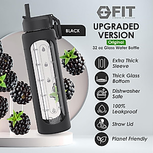 32 oz Glass Water Bottle with Straw Lid, Time Marker, Sleeve & Extra Lid - Motivational, Wide Mouth, Large BPA-Free 1 Liter Glass Water Bottle, Glass Drinking Bottle, Waterbottle (Black Sleeve)