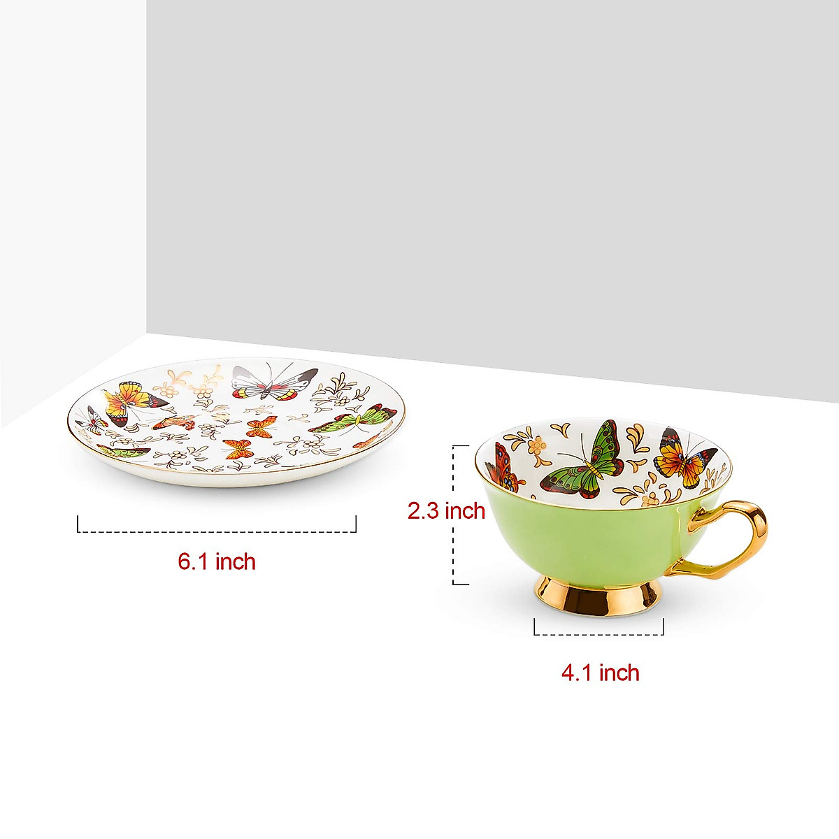 LURRIER Coffee Cup Mug with Saucer for Latte, Cappuccino Tea with Butterflies 6.8 Oz Fine Bone China, Dishwasher Safe, Reactive Glaze, 1 Pcs (Green)