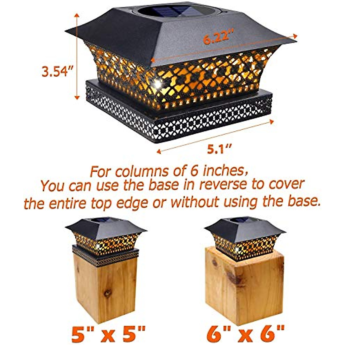 SIEDiNLAR Solar Post Lights Outdoor Fence Deck Cap Light Solar Powered Metal Warm White LED Lighting Waterproof for Garden Patio Decoration 4x4 5x5 Wooden Posts Black (2 Pack)