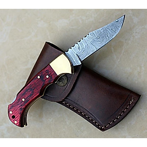 Nesmo-506 Damascus Steel Pocket Knife for Men - Handmade Folding Hunting Knives with Leather Pouch - Best Knife for Camping Hunting Hiking (Red Pakka Wood Handle)