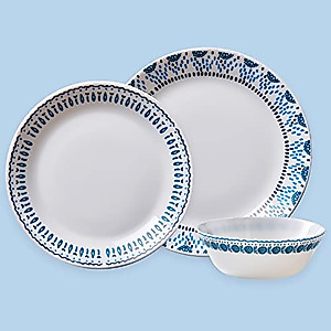 Corelle Everyday Expressions 12-Pc Dinnerware Set, Service for 4, Durable and Eco-Friendly, Higher Rim Glass Plate & Bowl Set, Microwave and Dishwasher Safe, Azure Medallion