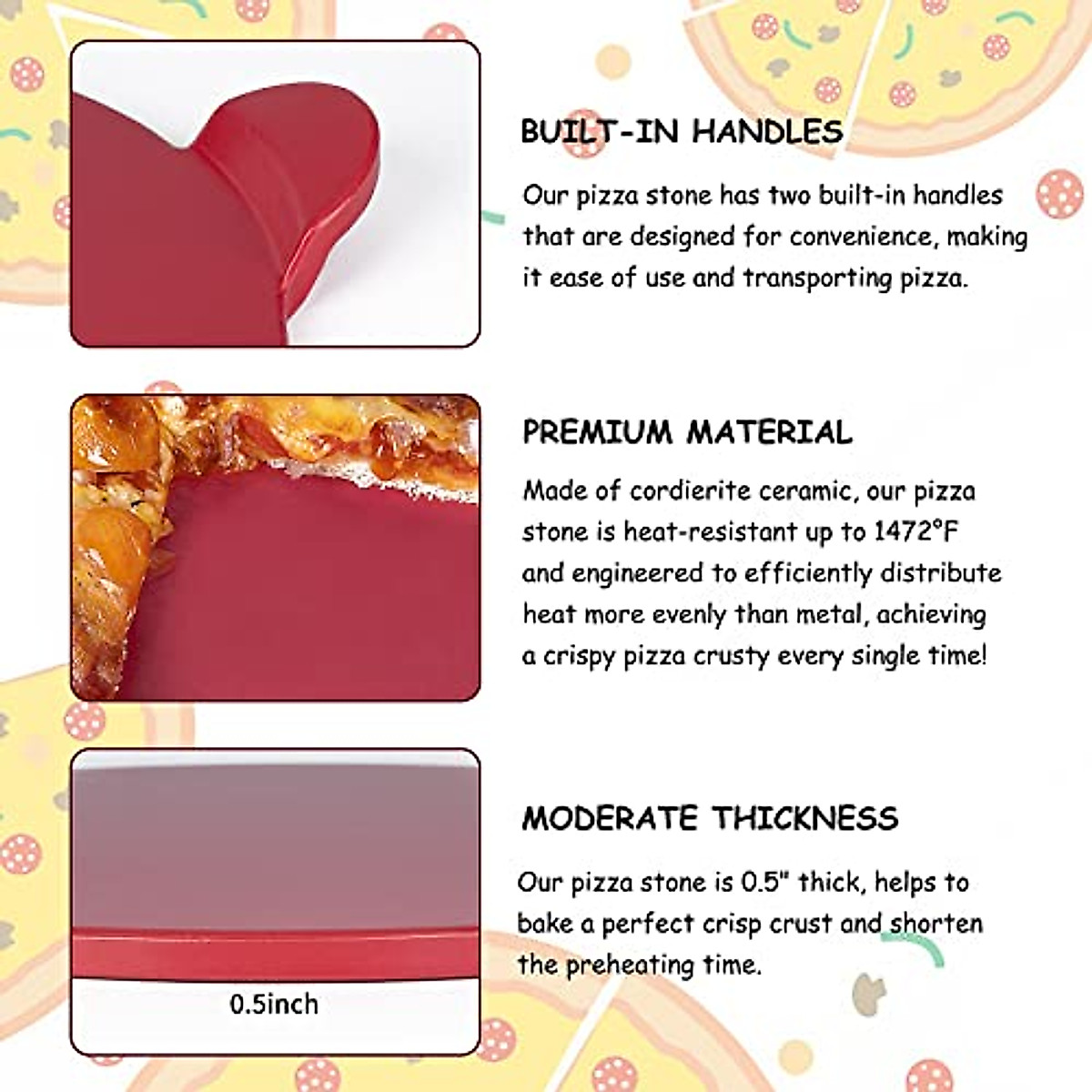 Roponan Pizza Stone, 13" Round Baking Stone for Oven and Grill, Heavy Duty Cordierite Pizza Stone with Handle, Great for Crispy Crust Pizza, Bread and Cookies