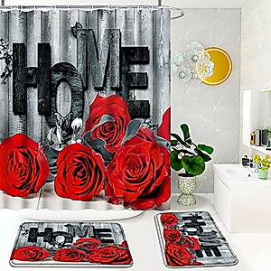 YOKYHOM Bathroom Sets, 3 Pcs Red Rose Bathroom Shower Curtain Sets with Rugs, Incl 71'' x 71'' Polyester Shower Curtain with 12 Hooks, 2 Pcs 30'' x 18'' Non Slip Bath Mats for Romantic Bathroom Decor