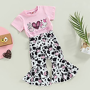 Western Baby Girl Outfits Funny Letter T Shirt Top+Cow Print Long Flare Pants Set Summer Spring Clothes 2Pcs (Pink Peace Love Moo, 18-24 Months)