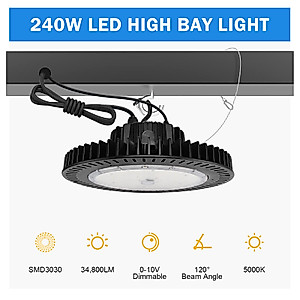 OPENLUX 240W UFO LED High Bay Lights, 34800LM High Bay LED Shop Lights 5000k IP65 0-10V Dimmable Warehouse Lights UL Listed