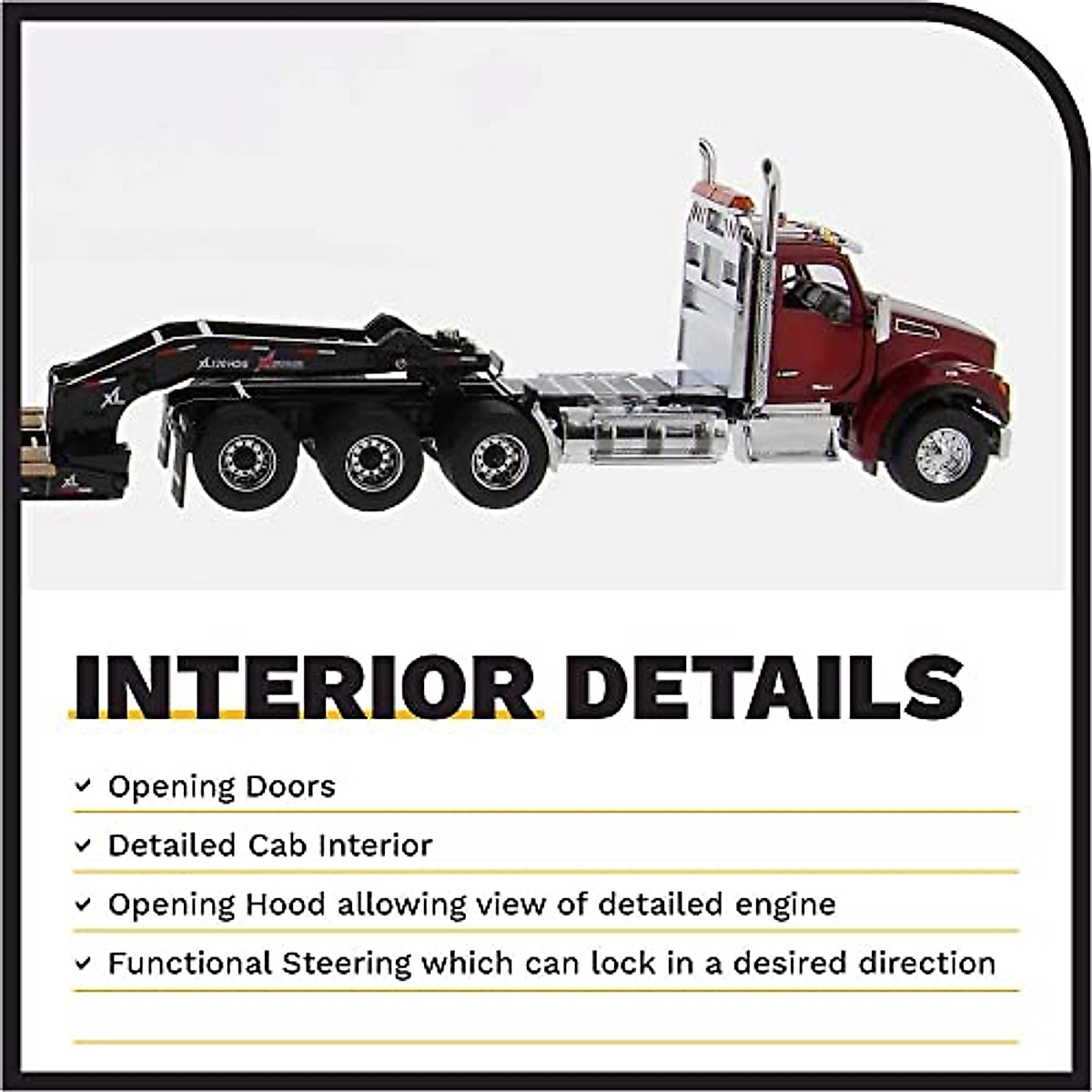 Diecast Masters Kenworth T880 SFFA Tractor Truck - Red | Day Cab with XL 120 Low-Profile HDG Trailer | Outrigger Style with Jeep & 2 Boosters | 1:50 Scale Model Semi Trucks | Diecast Model 71061