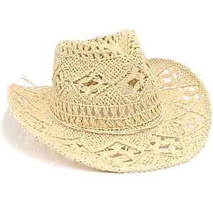Zuhekti Straw Cowboy Hats for Women Sparkly Western Cowgirl Hat for Holiday Party Foldable Vacation Beach Sun Hat with Wide Brim,Beige