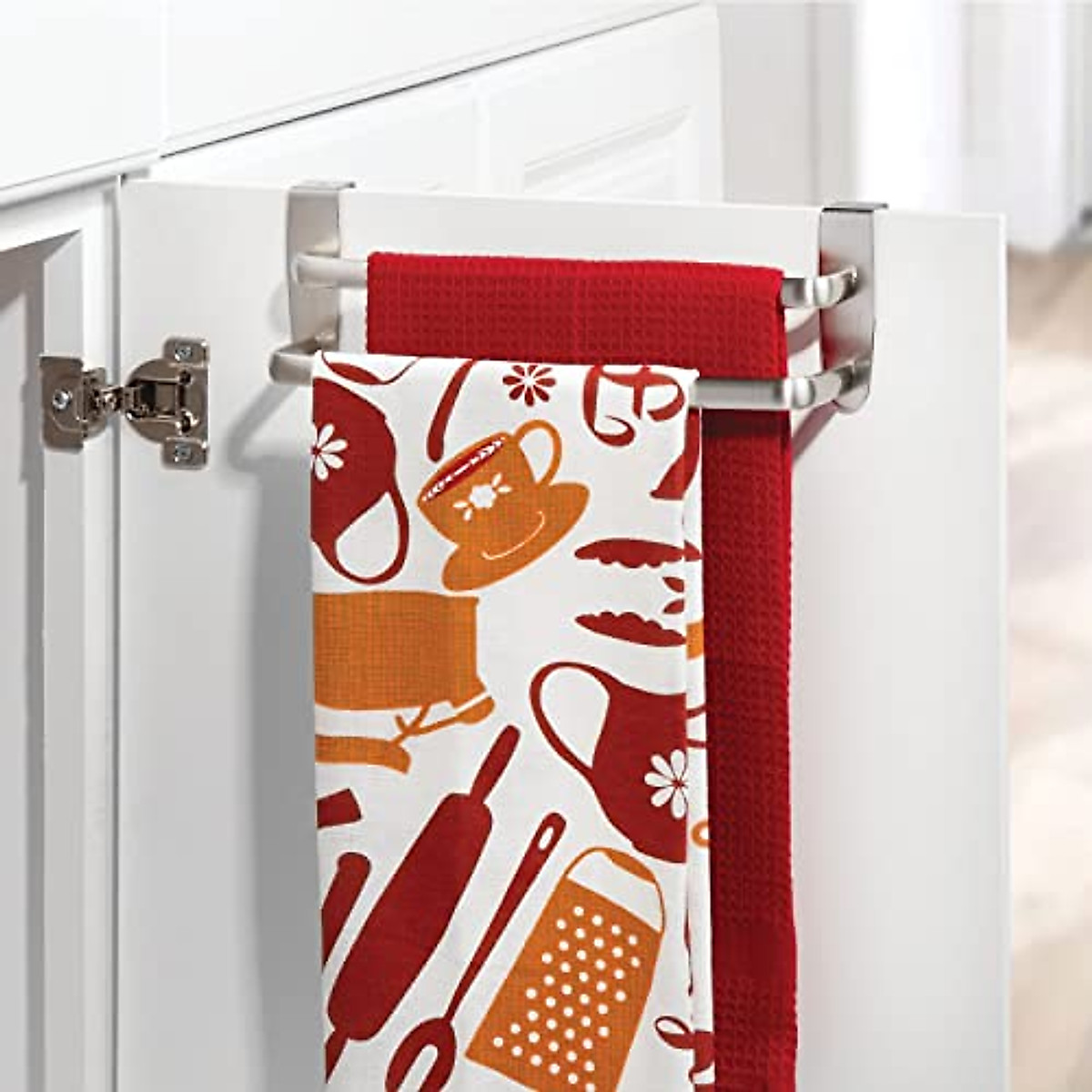 mDesign Over-Door Cabinet Towel Holder - Kitchen Cabinet Double Towel Bar Rack - Over Cabinet Towel Bar Hanger for Hand, Dish, and Tea Towels - 9.84" Wide - Spira Collection - Brushed Nickel