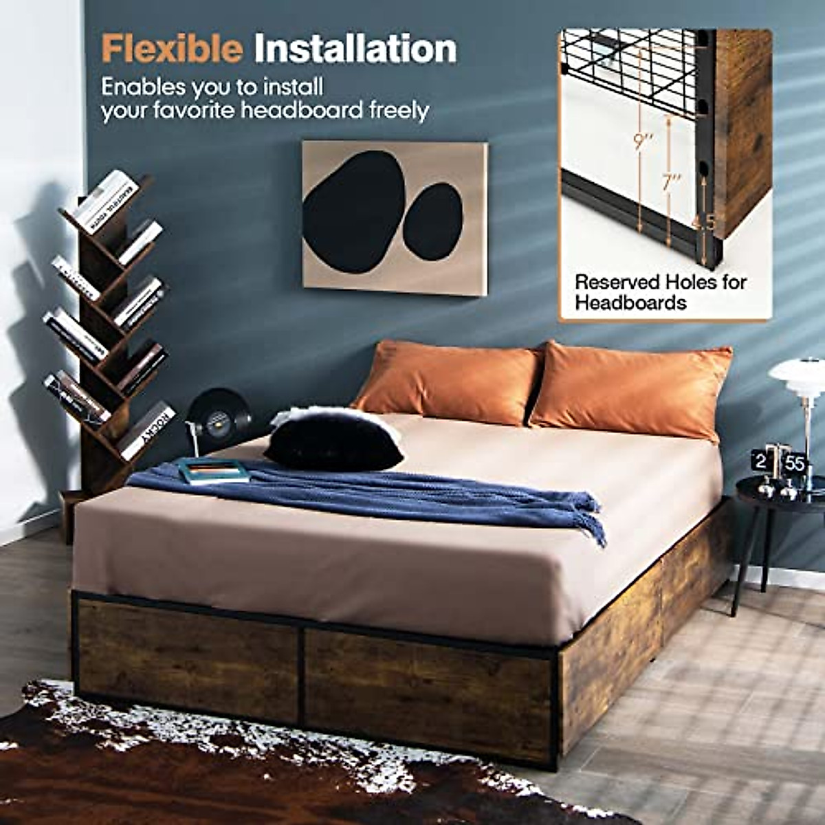 Giantex Queen Size Bed Frame with 4 Drawers, Industrial Metal Platform Bed Frame with Footboard, Reserved Holes for DIY Headboard, Heavy-Duty Mattress Foundation, No Box Spring Needed, Easy Assembly