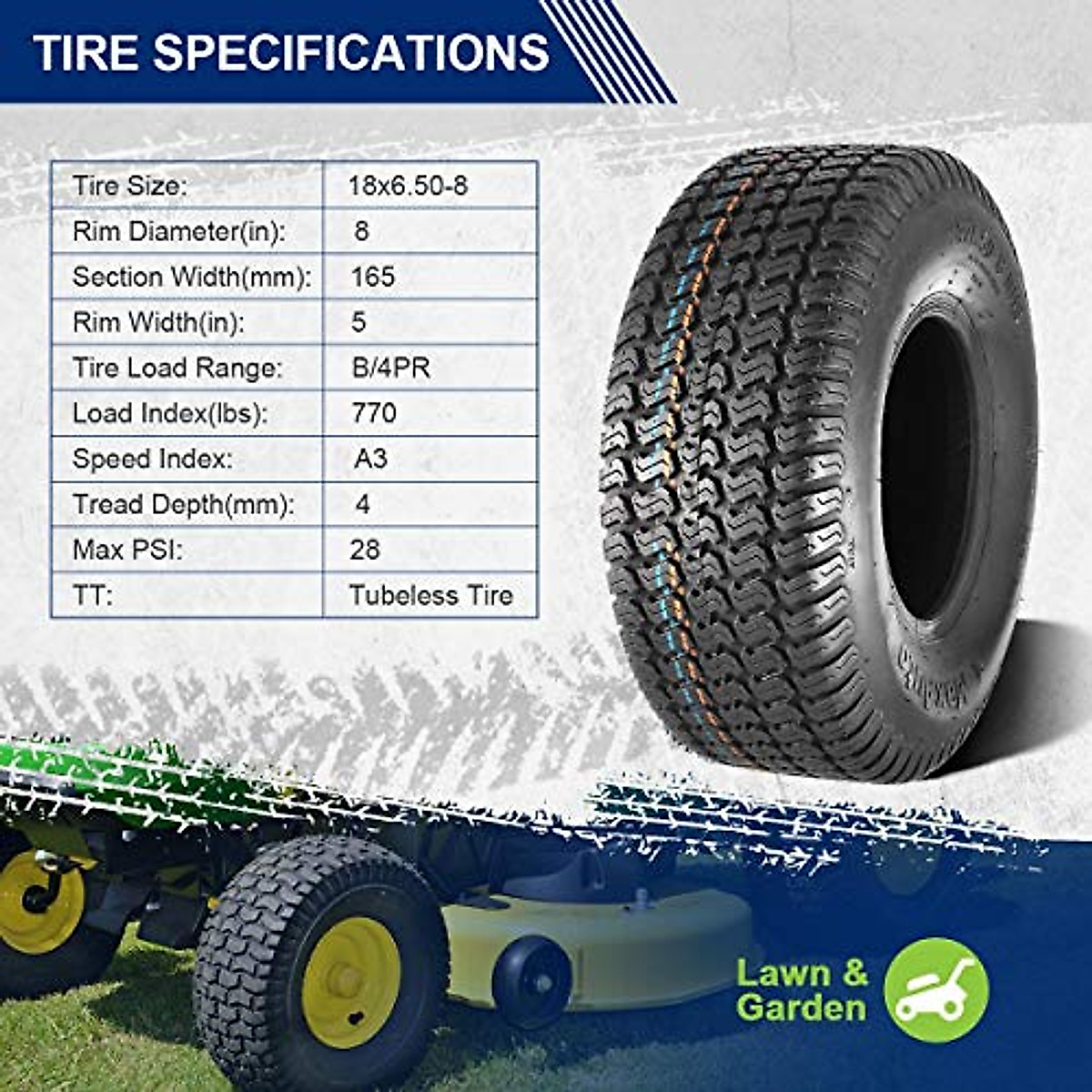 MaxAuto 18X6.50-8 18x6.5x8 Turf Saver Lawn Mower Golf Cart Tire 4PR, Set of 2