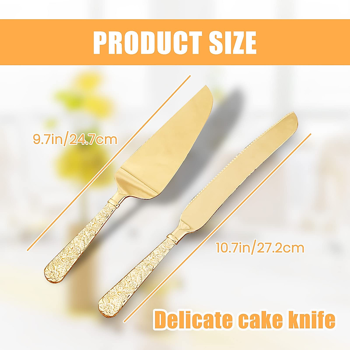 Wedding Cake Knife and Server Set: 2 Pcs Gold Cake Cutting Set, Stainless Steel Vintage Engraved Cake Knife and Server Set, Wedding Cake Cutting Set for Wedding Birthday Parties Christmas (Rose)