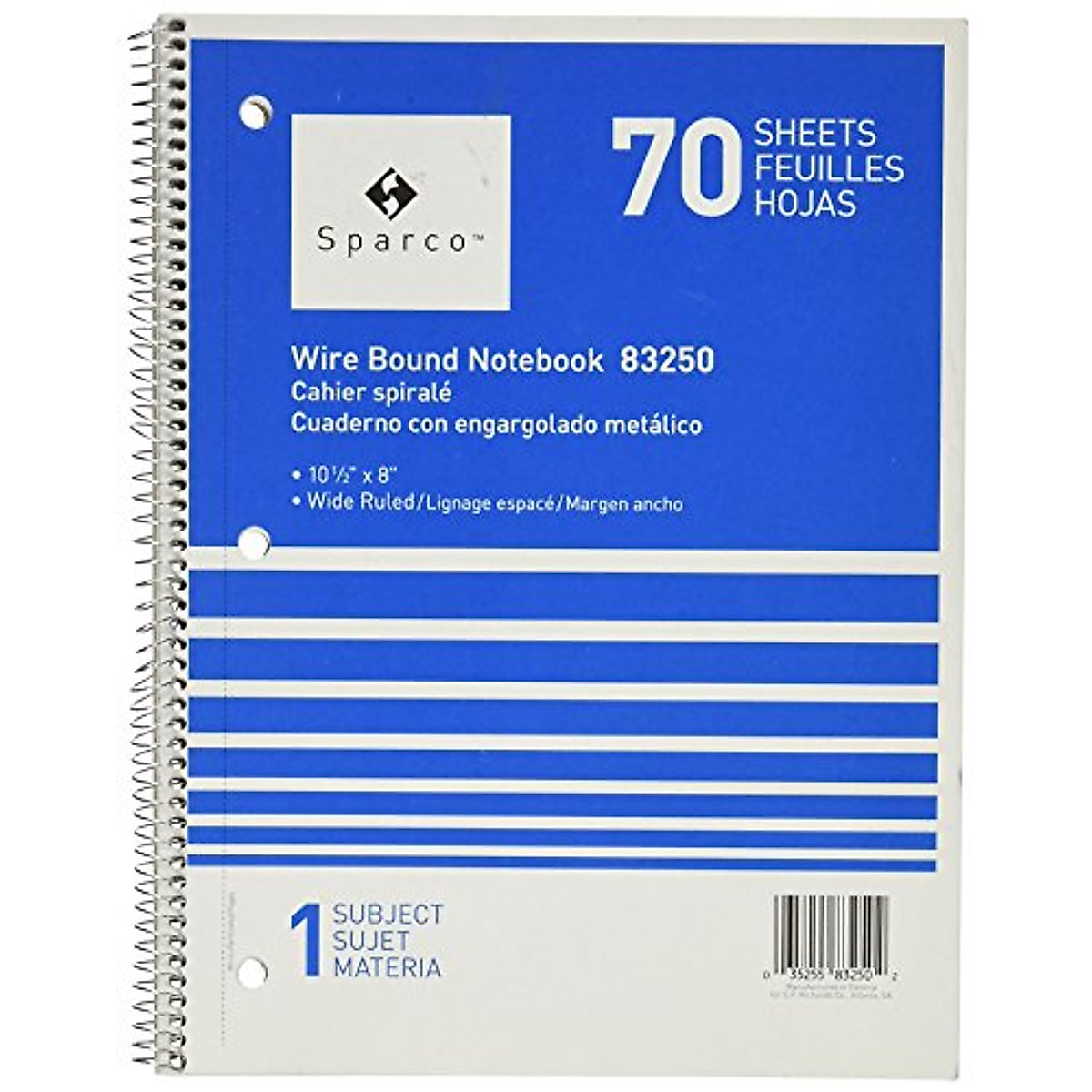 Sparco Notebooks, 1 Subject, 10-1/2 x 8 Inches, Wide Ruled, 70 Sheets, Assorted (SPR83250)