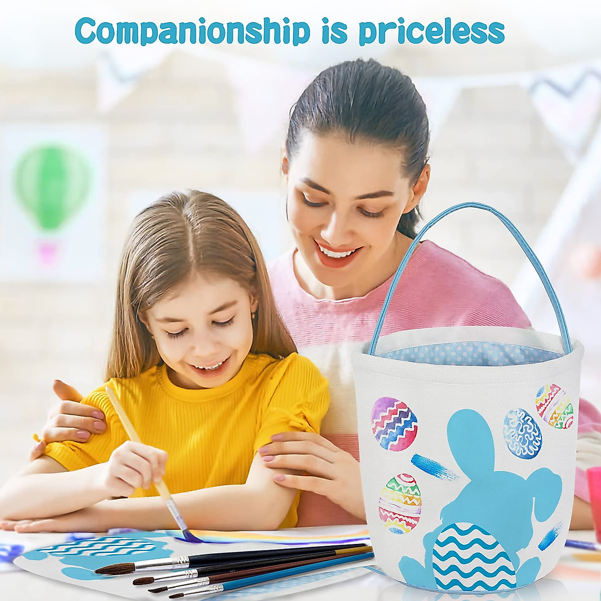 Easter Bunny Basket Bags for Kids, HOTMAI Canvas Cotton Tote Bag Easter Buckets and Eggs Hunt Bag, Personalized Basket Easter Gift for Boys Girls(Blue)