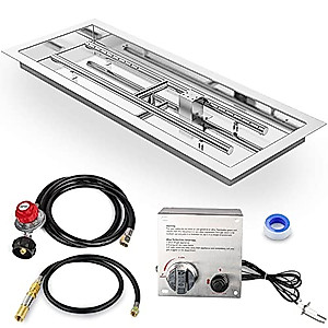 GRISUN Drop-in Fire Pit Kit 24 x 8 Inch, H-Shape Burner with Pan, Come with Upgraded Spark Ignition Kit for Gas Fire Pit, Fire Pit Table Insert Stainless Steel, Suitable for Indoor Outdoor Decoration