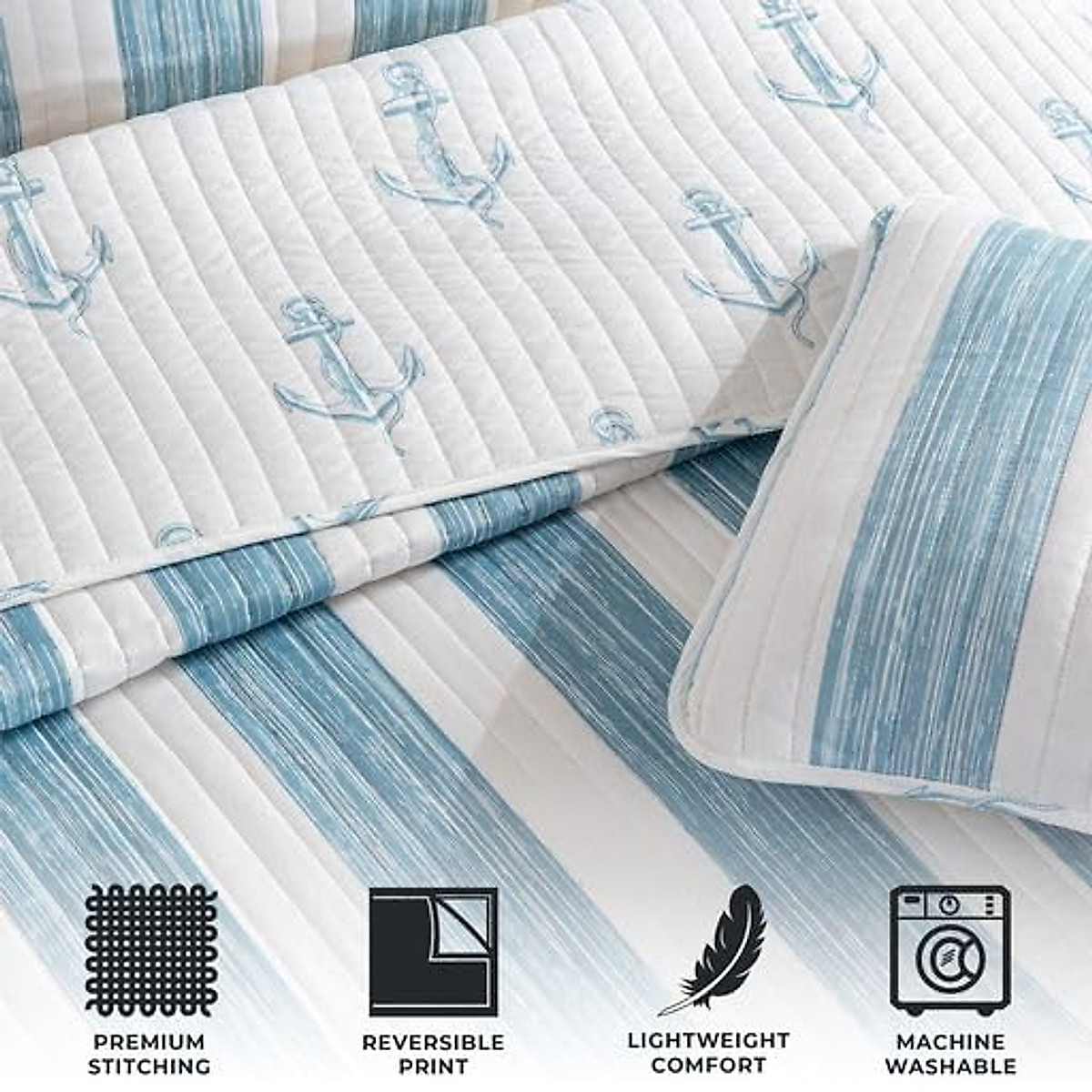 Twin Coastal Quilt Bedding Set, Summer Coastal Quilt with Sham, Beach 2-Piece Reversible All Season Bedspread Quilt Set. Lightweight Nautical Quilted Coverlet. Casco Bay Collection, Blue