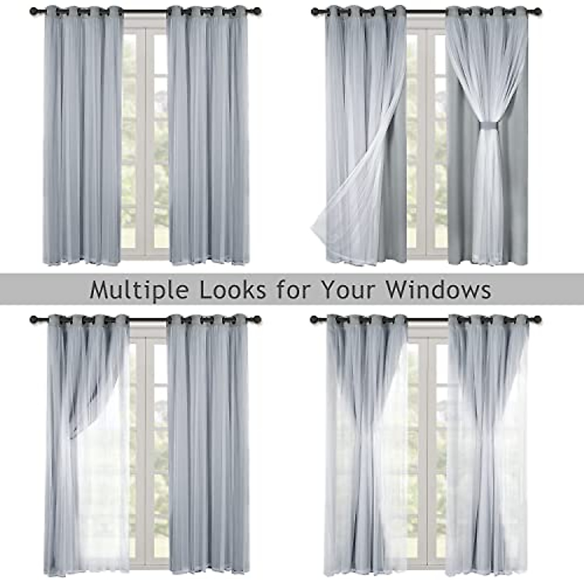 BONZER White Sheer Tulle Overlay Blackout Curtains Grommet Top Mix and Match Curtains for Living Room, Cloud Grey, 52x84 Inch, Set of 2 Panels