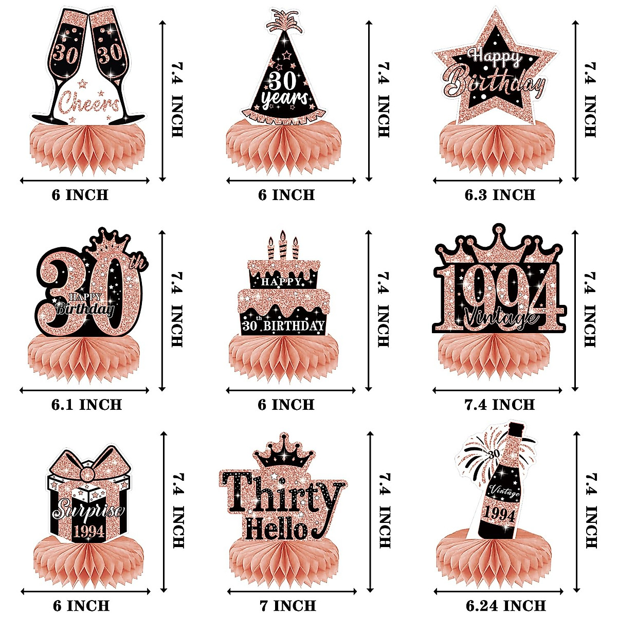 9Pcs 30th Birthday Decorations Honeycomb Centerpieces for Women, Rose Gold Pink Happy 30th Birthday Centerpieces Tables Toppers Party Decorations Supplies,Vintage 1994 Aged Birthday Table Sign Decor