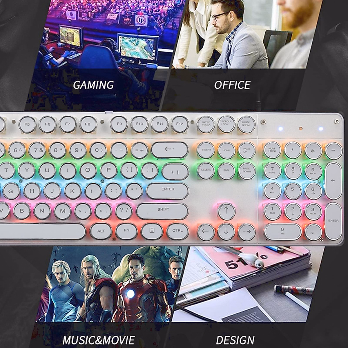 Retro Mechanical Gaming Keyboard Rainbow Backlit , Punk Vintage StyleDustproof Mechanical Ergonomic Keyboard with 104 Keys for Computer Game Enthusiasts Home Office Use