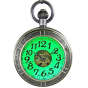 OGLE Waterproof Magnifier Skeleton Chain Silver Luminous Fob Self Winding Automatic Mechanical Pocket Watch (Bronze Luminous)