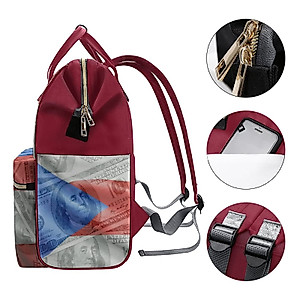 Puerto Rican Flag on Dollar Money Diaper Bag Backpack Large Capacity Mommy Bags Multifunction Nappy Bag Travel Back Pack Red-Style