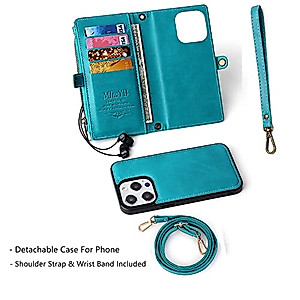 MInCYB Compatible with iPhone 14 Pro Wallet Case, Zipper Case with RFID Blocking Card Holder Slots for Women Men, Magnetic Detachable Leather Cover with Wristlet Strap for iPhone 14 Pro. Blue