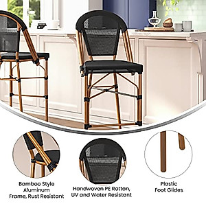Flash Furniture Marseille Indoor/Outdoor Commercial Bistro Stacking Bar Stool - Black Textilene Back and Seat - Natural Bamboo Print Metal Frame, 2 Pack