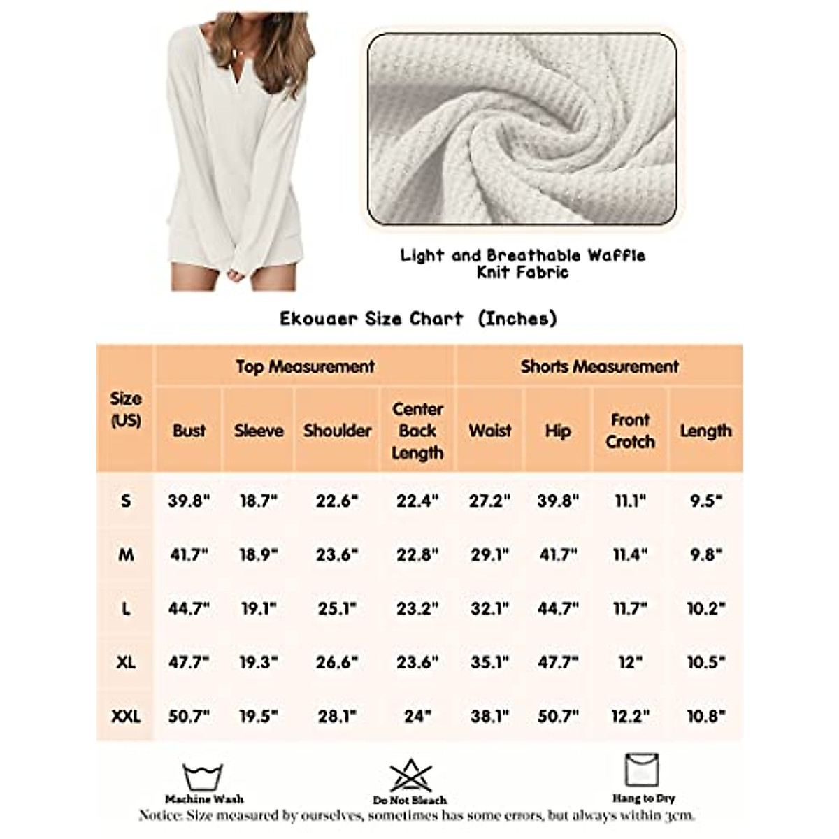 Ekouaer Womens Waffle Knit Long Sleeve Top and Shorts Loungewear Thick Pajama Set, White, Small