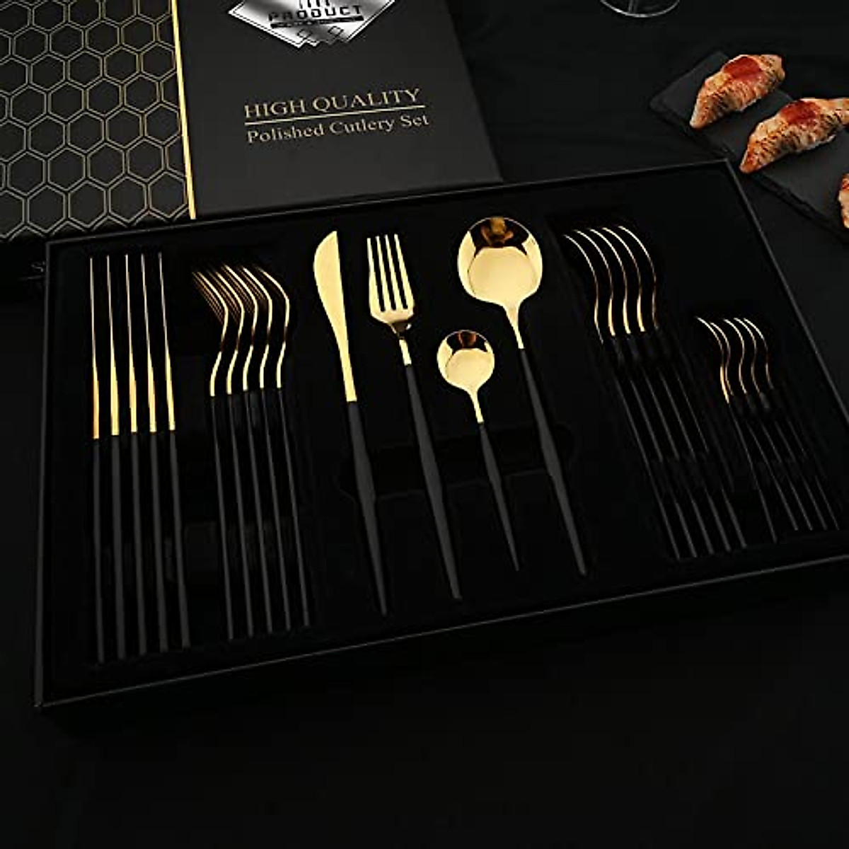 Uk_18_knife 24Pcs Rainbow Flatware Set Dinnerware Cutlery Set Stainless Steel Restaurant Silverware Tableware Steak (Color : Red Gold)