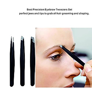 3pcs Premium Eyebrow Tweezers/Set - Stainless Steel Plucking Hair Tweezers Kit, Precision Sharp Flat/Slant/Pointed Tip Tweezers for Body, Ingrown and Facial Hair Remover for Men and Women